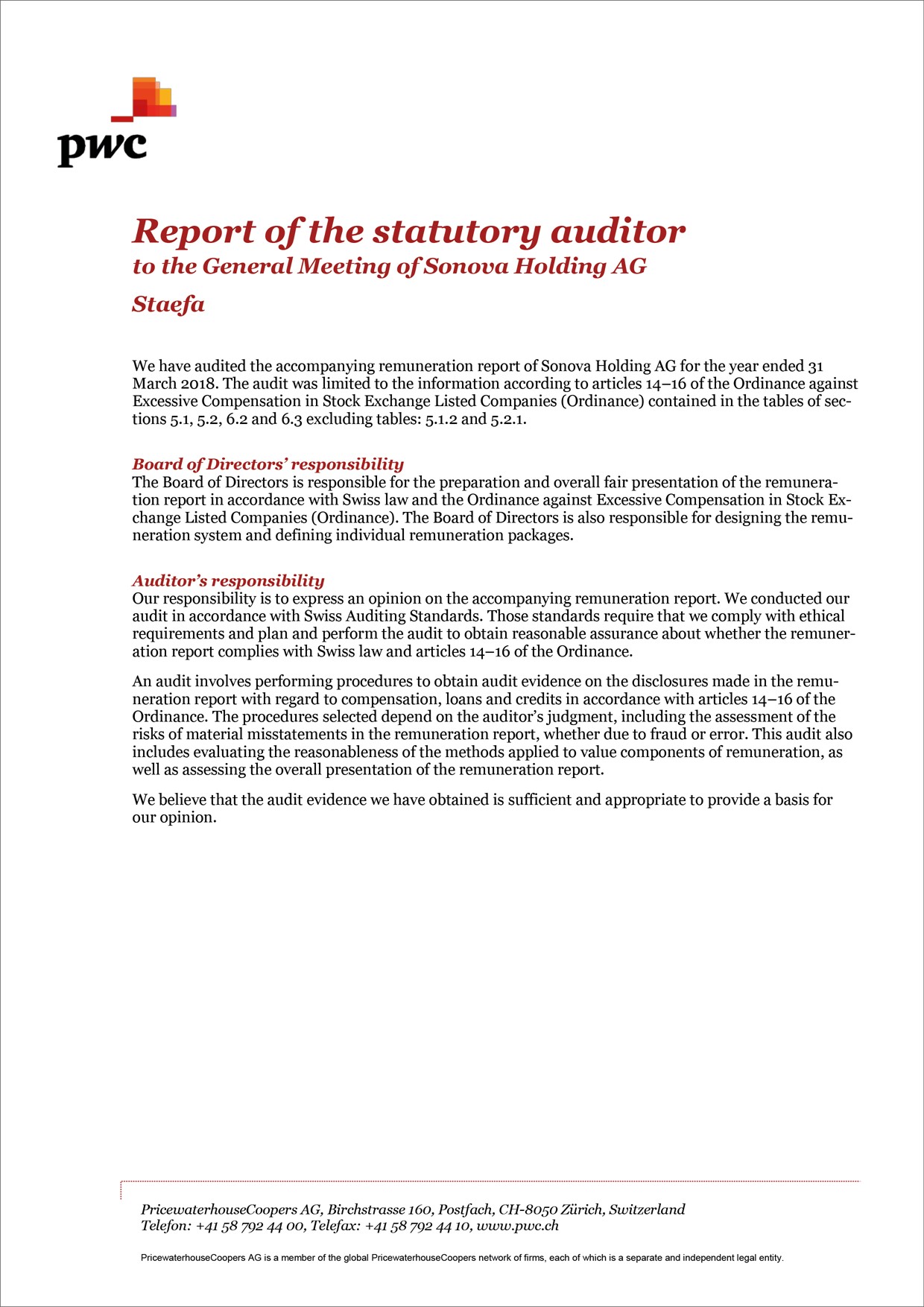 Report of the statutory auditor on the compensation report